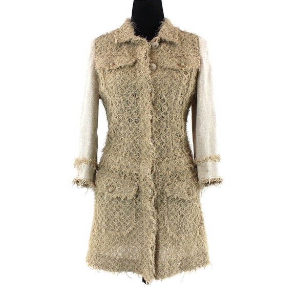 CHANEL | Jackets & Coats | Chanel Tan Linen Fray Tweed Contrasting ...